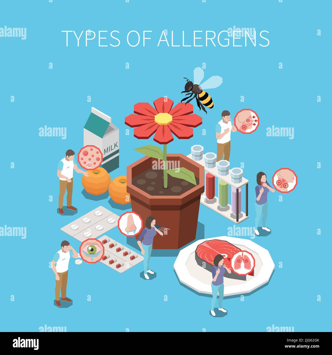 Allergy types isometric educative composition depicting people with ...