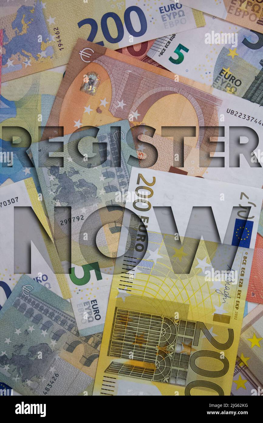 Register Now word with money. Paper currency background with different ...