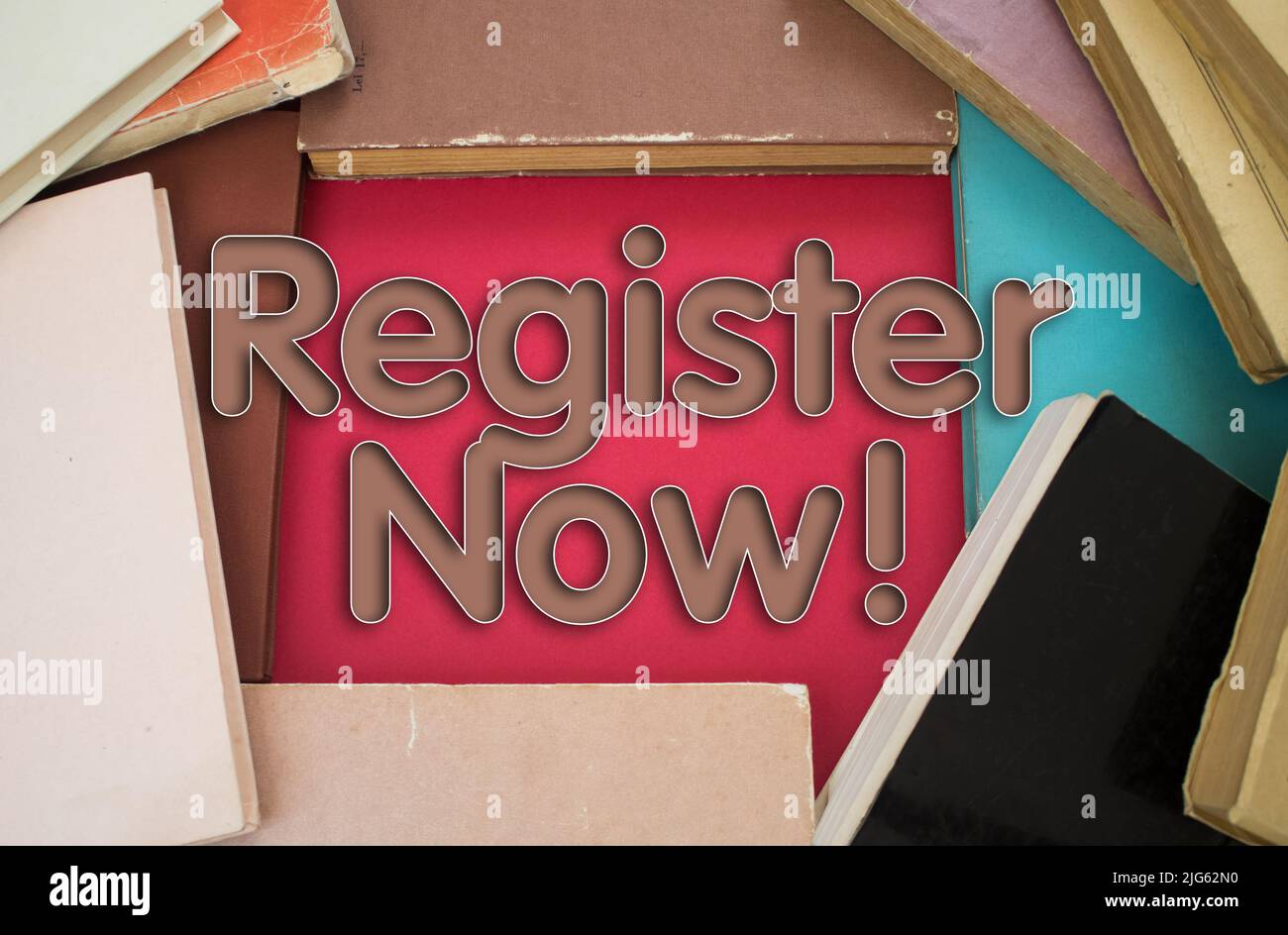 Register Now word in opened book with vintage, natural patterns old ...