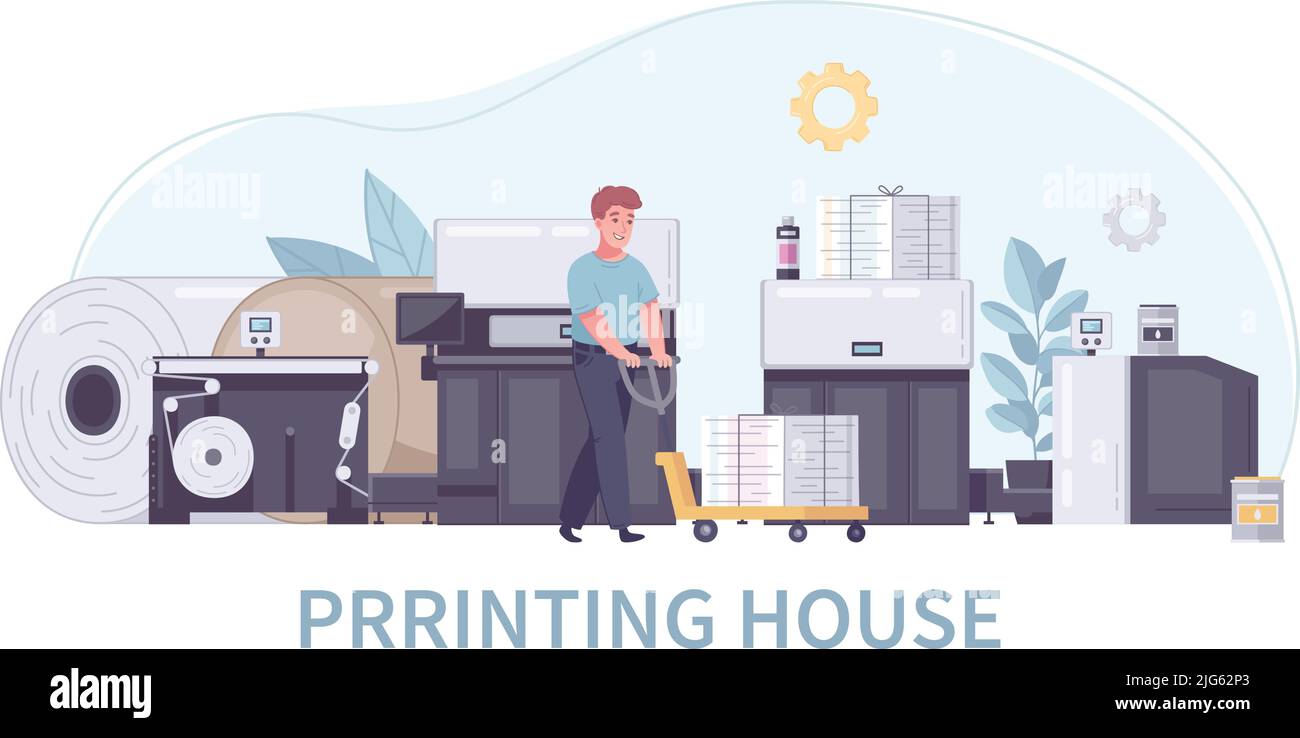 Cartoon printing house polygraphy concept an employee carries printed ...