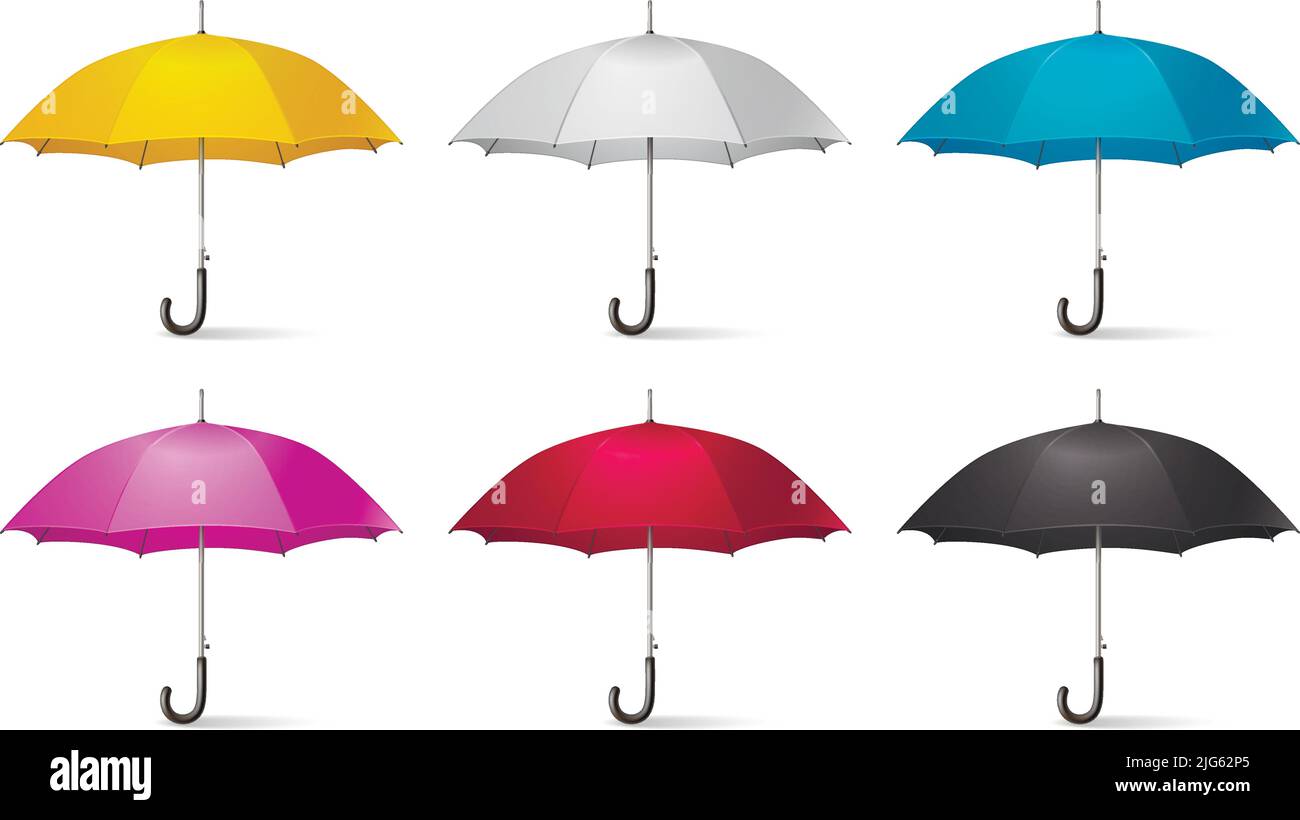 Realistic umbrella icon set with umbrellas canes yellow white blue pink ...