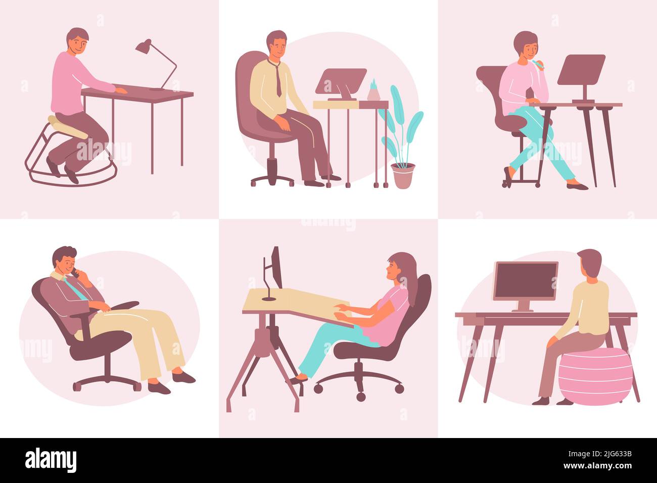 Ergonomic furniture flat compositions set with men and women working ...