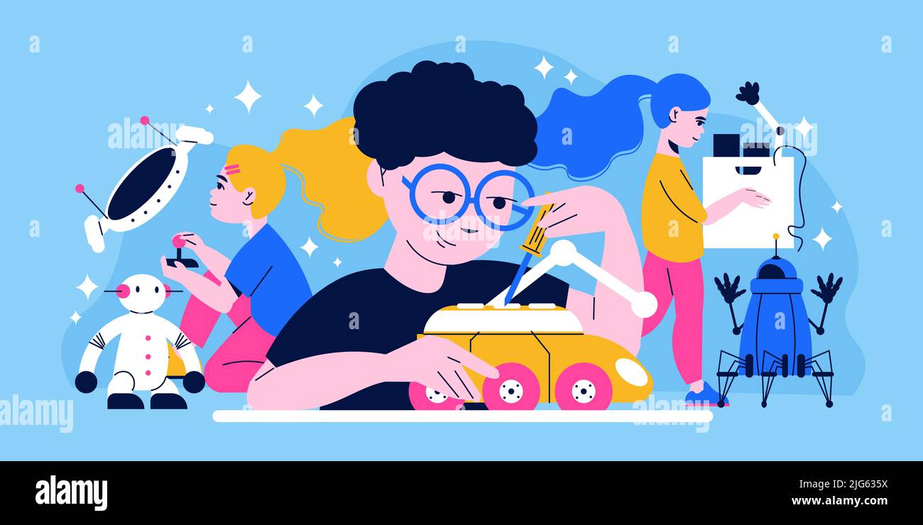 Robotics for children colored background with clever kids building ...