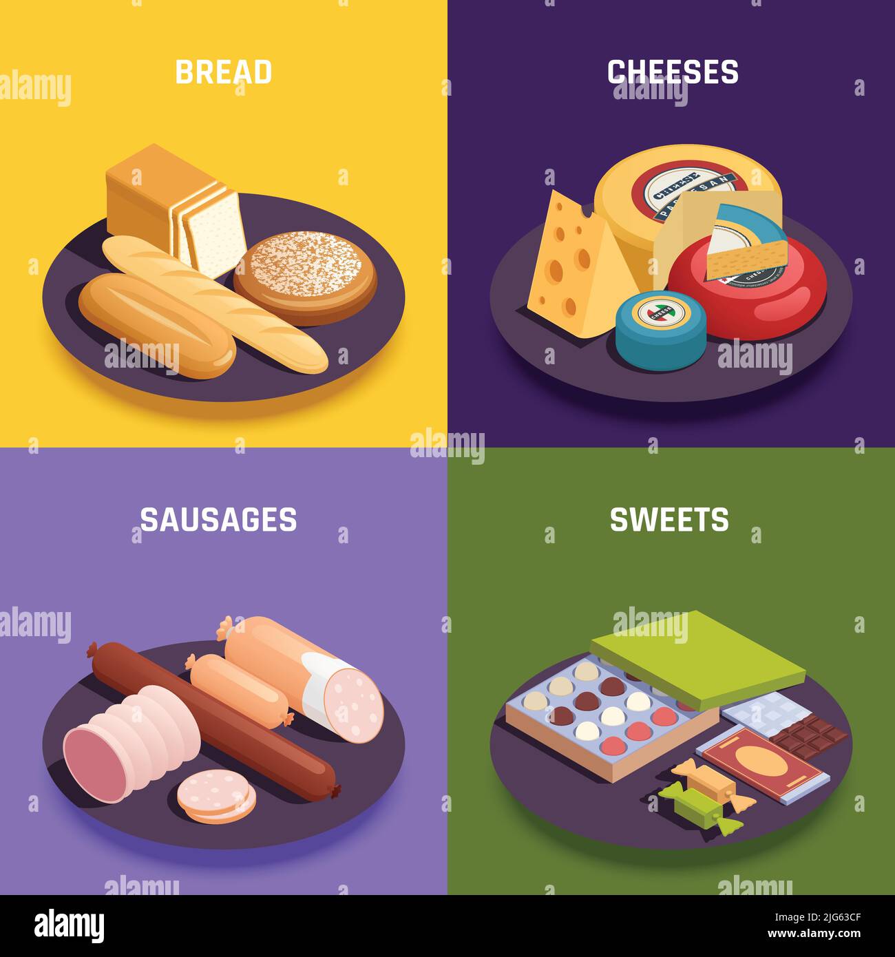 Food industry production 4 isometric background compositions with bread ...