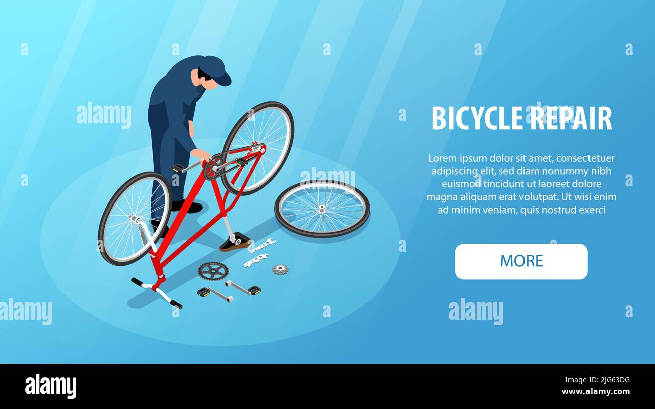 Bicycle repair horizontal banner with wrench and details near ...