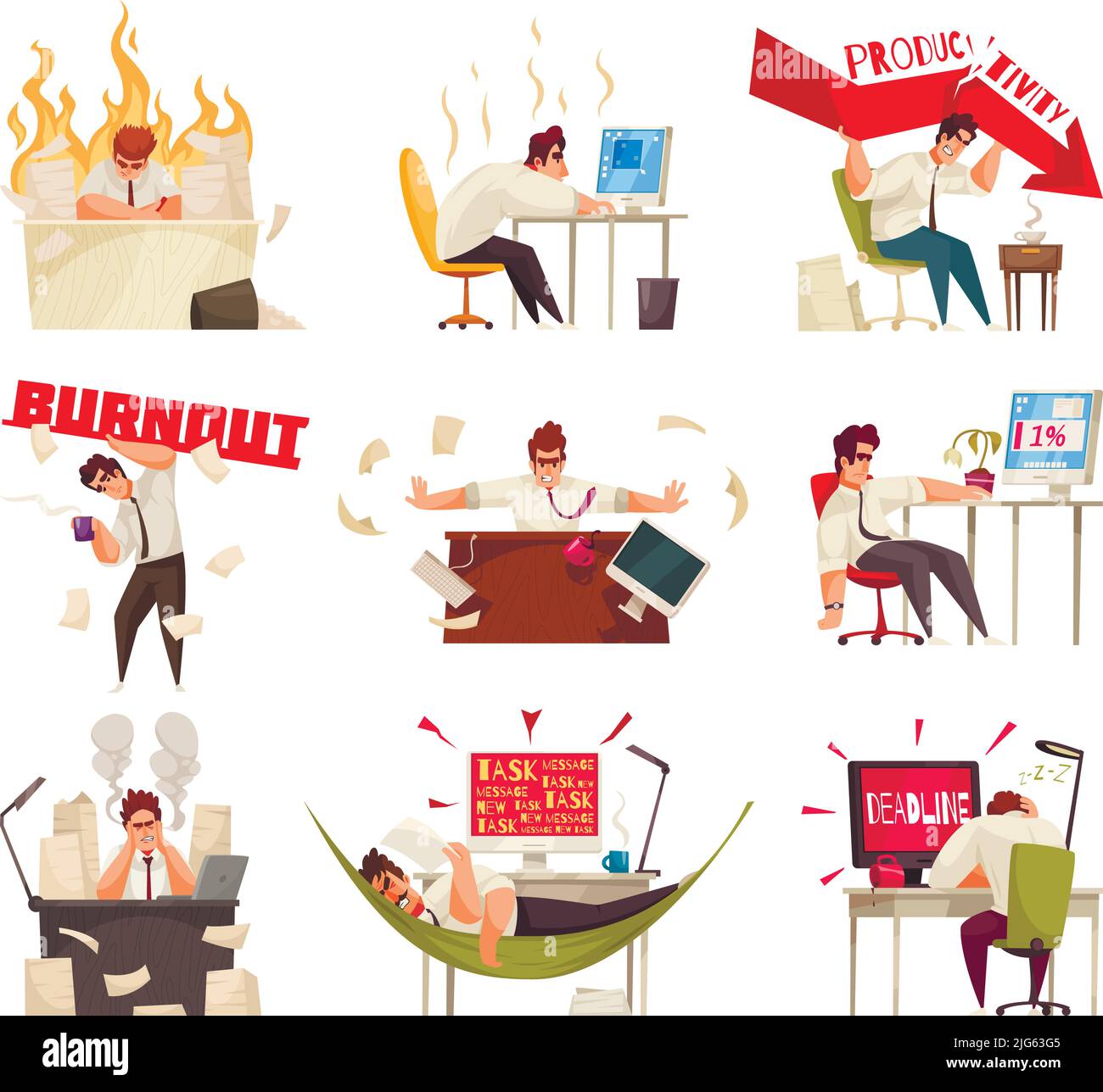 Professional burnout design set with work crisis symbols flat isolated ...