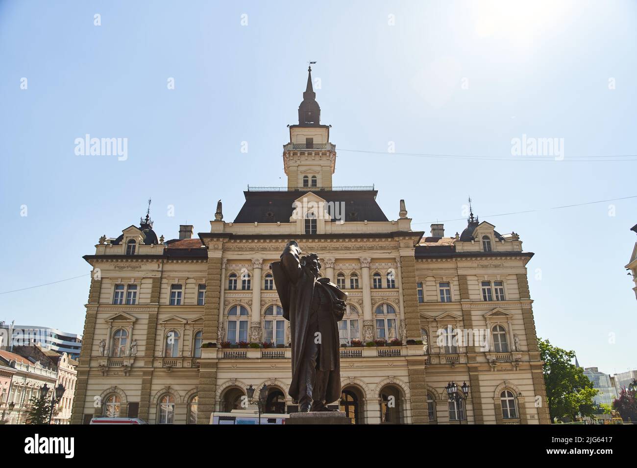 Town Hall and the statue of Svetozar Miletich in the center of Novi Sad ...