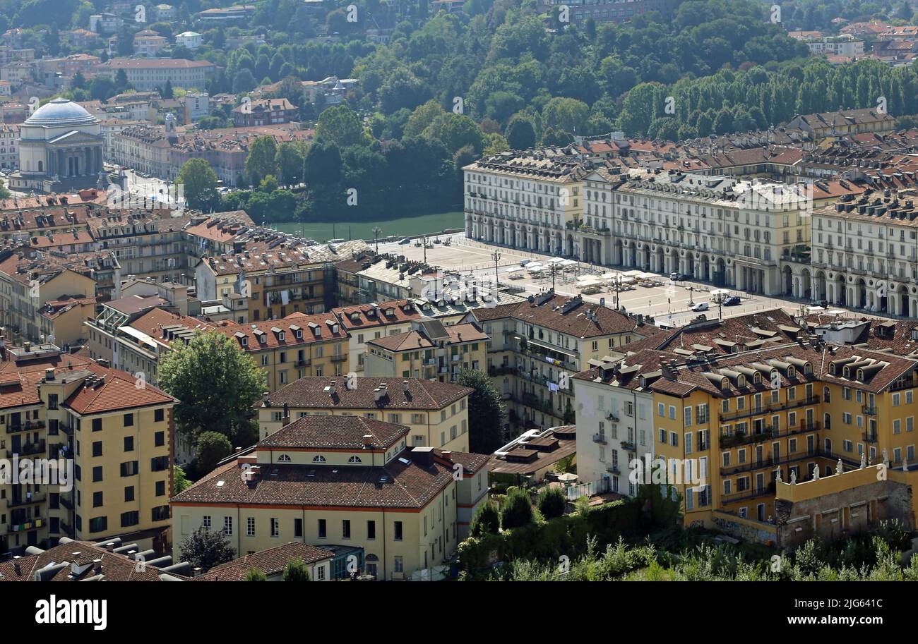 view of the city of Turin with historic buildings and even modern ...