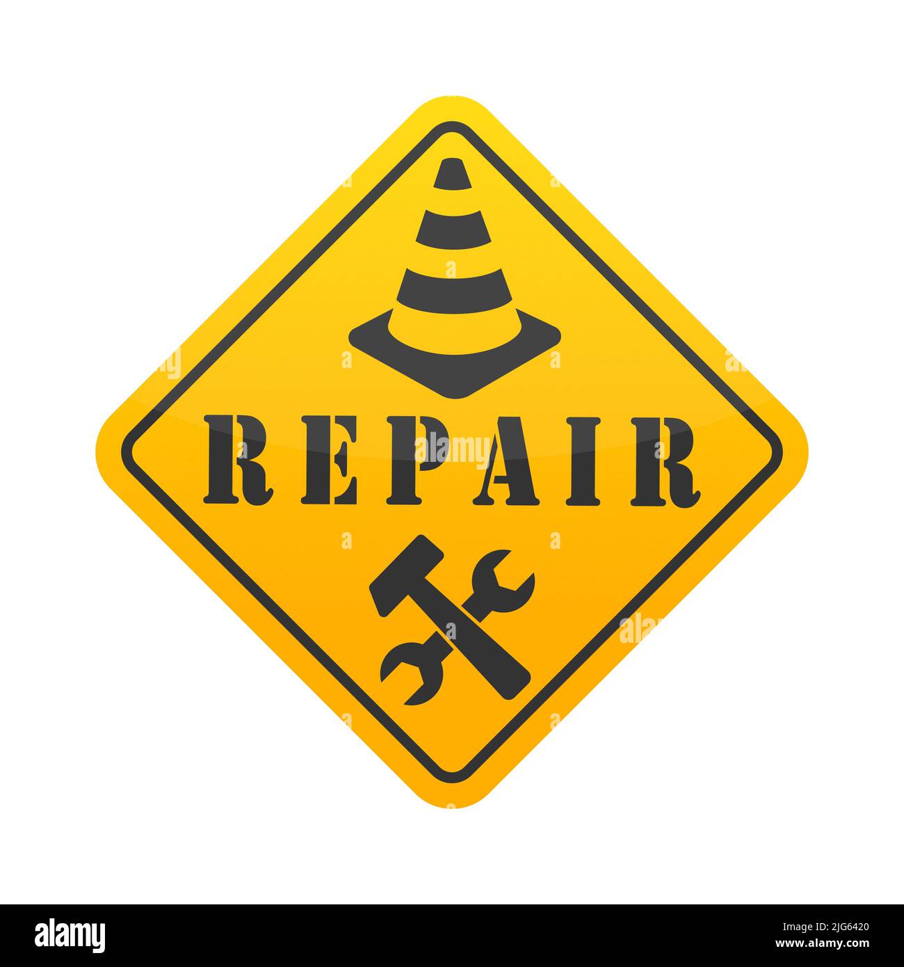 Yellow warning sign with the image of a traffic cone, a horn wrench and ...