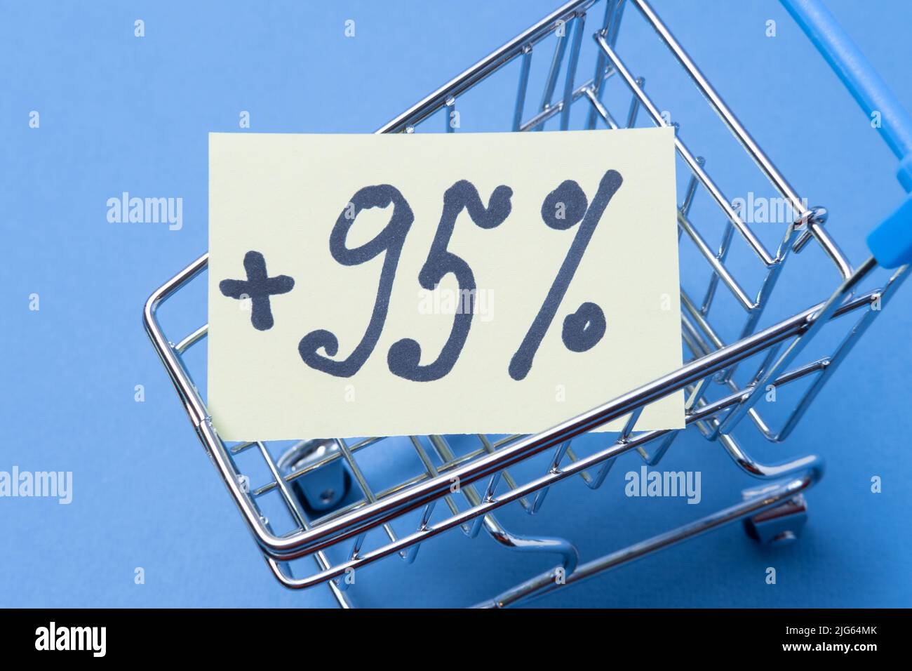 Shopping basket with a banner that says plus 95 percent Stock Photo - Alamy
