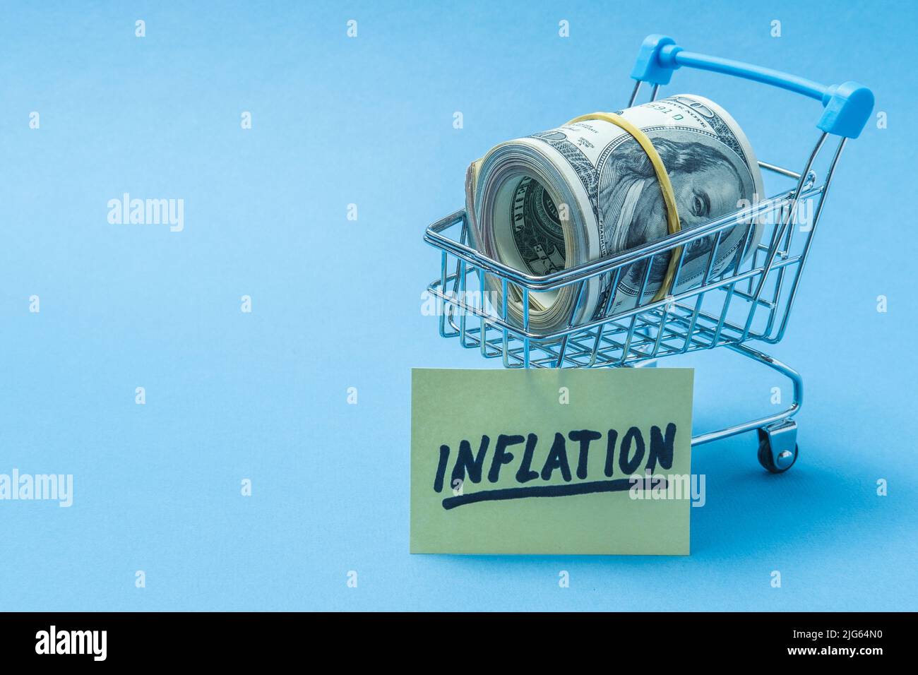 Dollars are in a grocery basket, with a poster on which the inscription ...