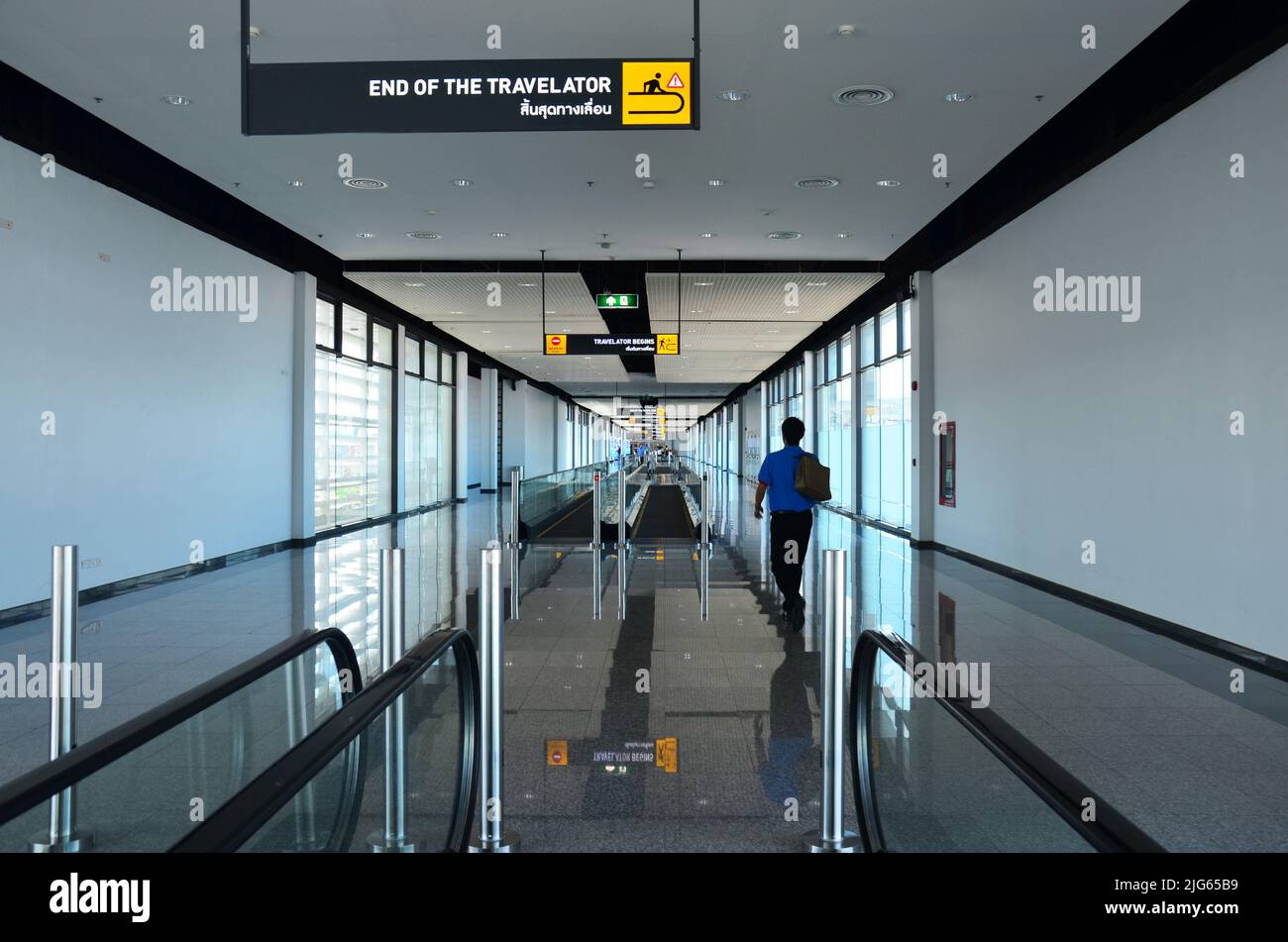 Interior modern design walkway or footpath with escalator in luxury ...