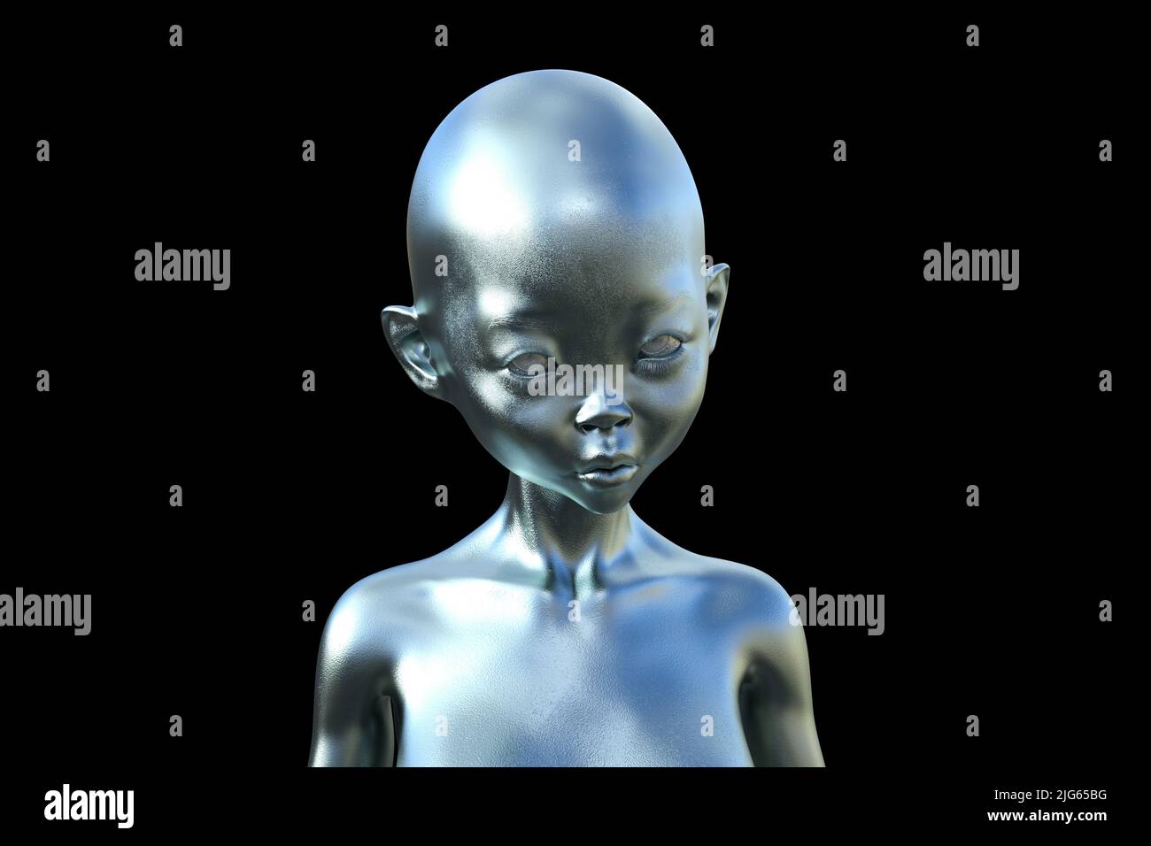 Silver bald alien humanoid on a black background Stock Photo - Alamy