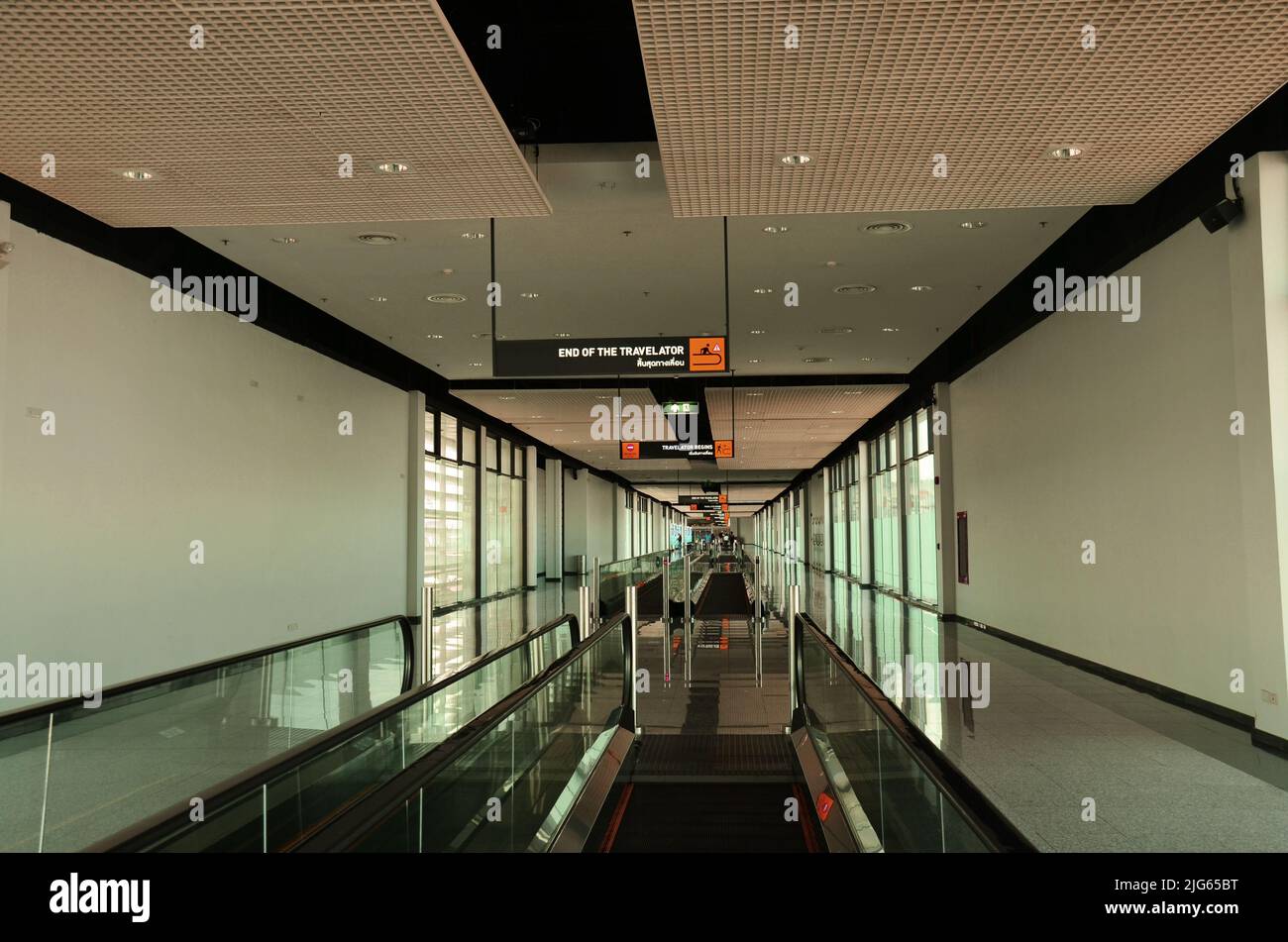 Interior modern design walkway or footpath with escalator in luxury ...