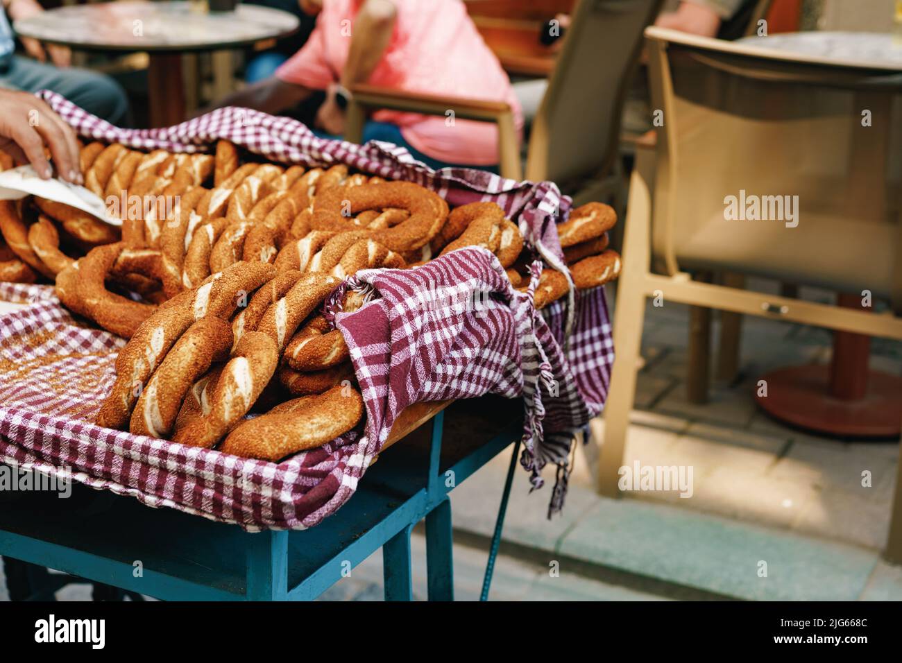Turkish food cart with traditional bagels in the street of Istanbul ...