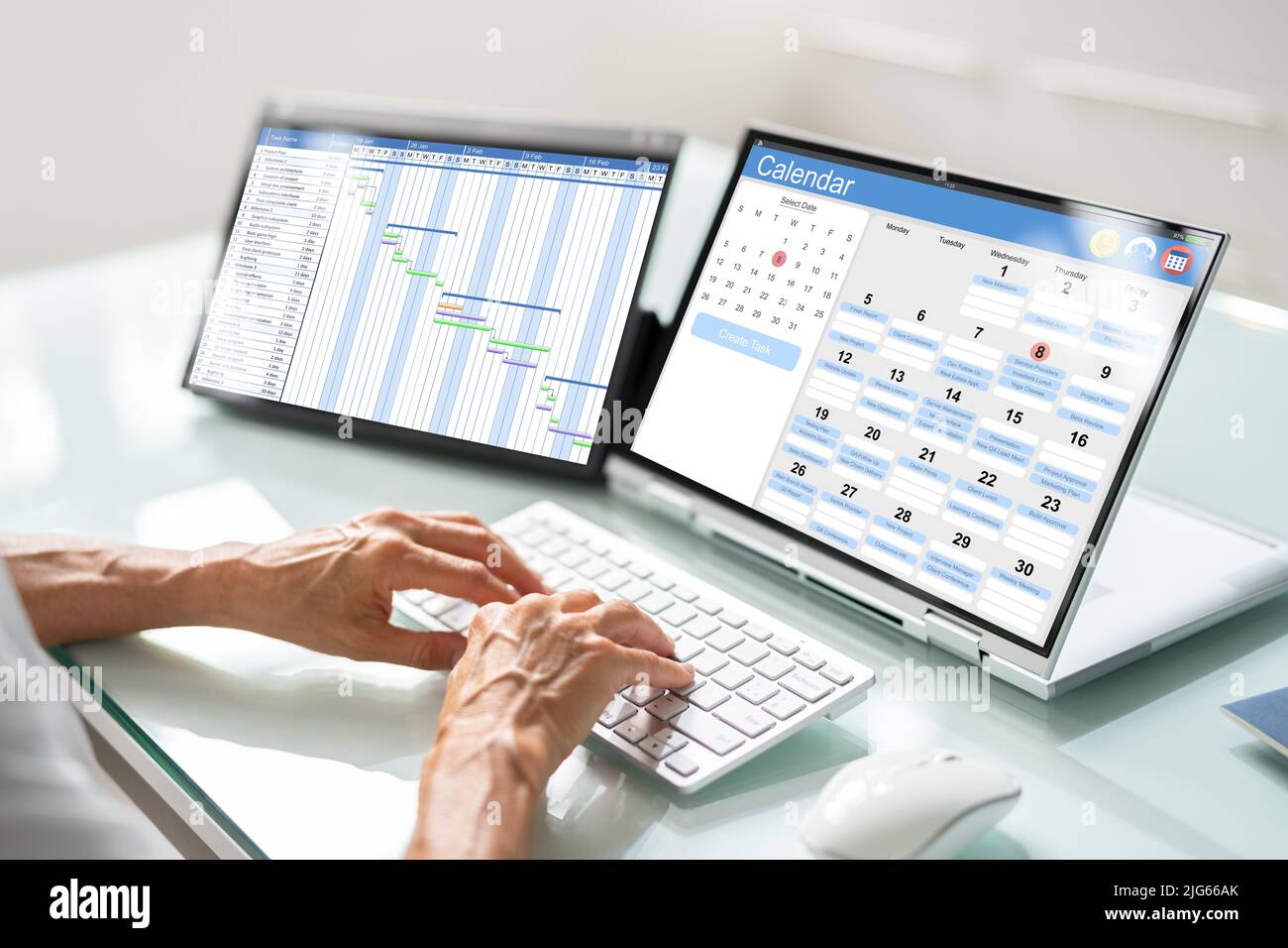 Employee Working On Calendar Schedule And Staff Time Sheet Stock Photo ...