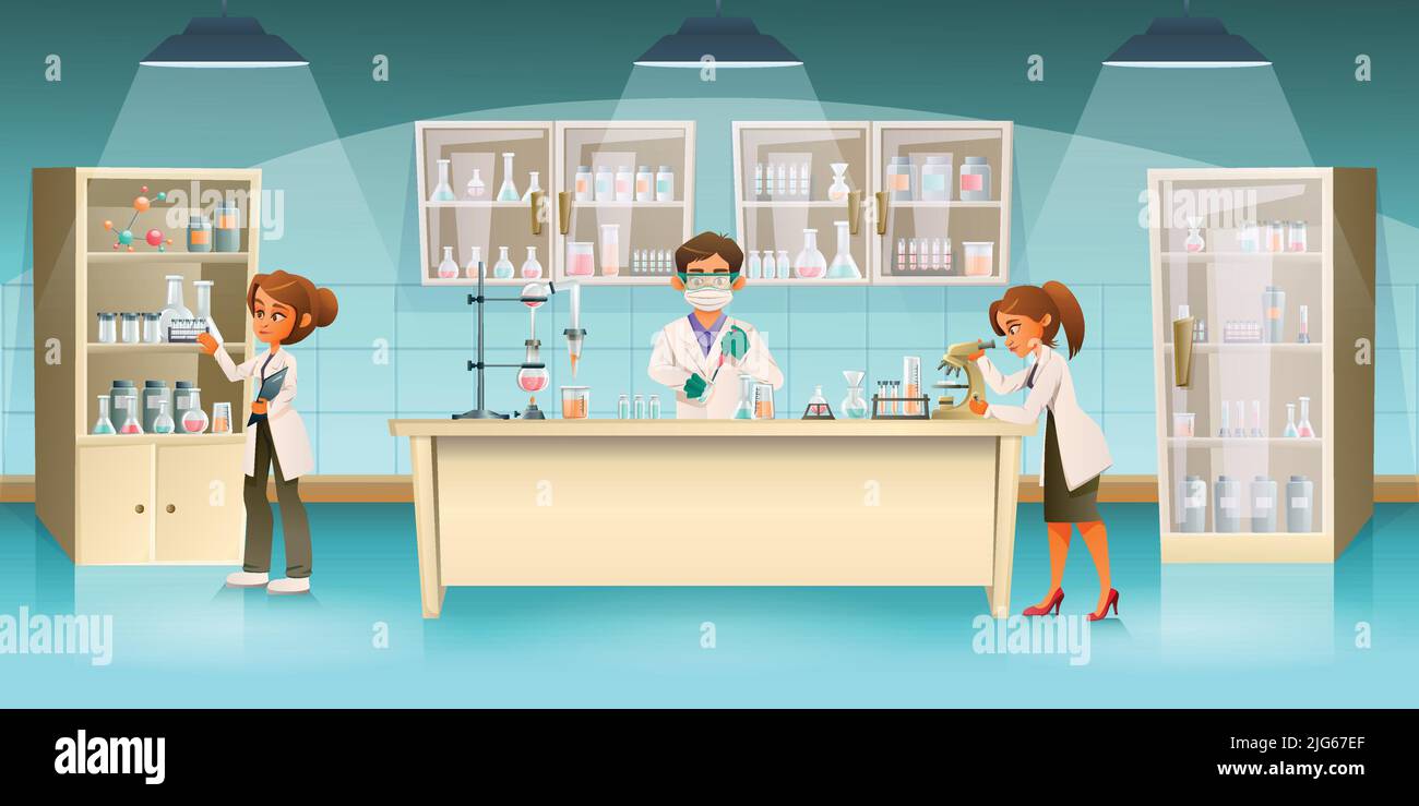 Scientists cartoon composition with view of laboratory interior with ...