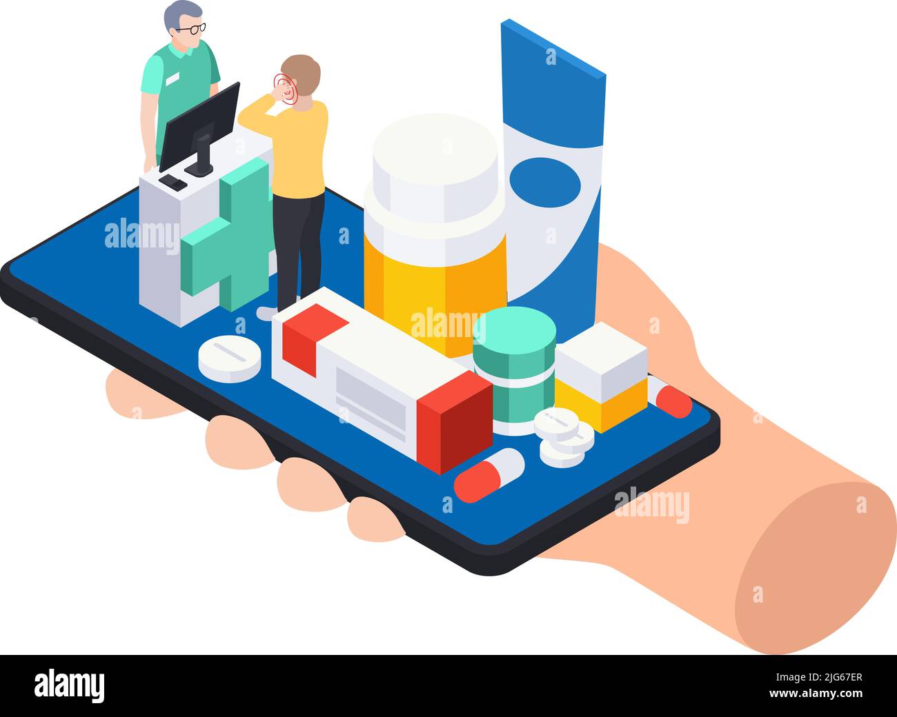 Modern pharmacy online store isometric composition with human holding ...