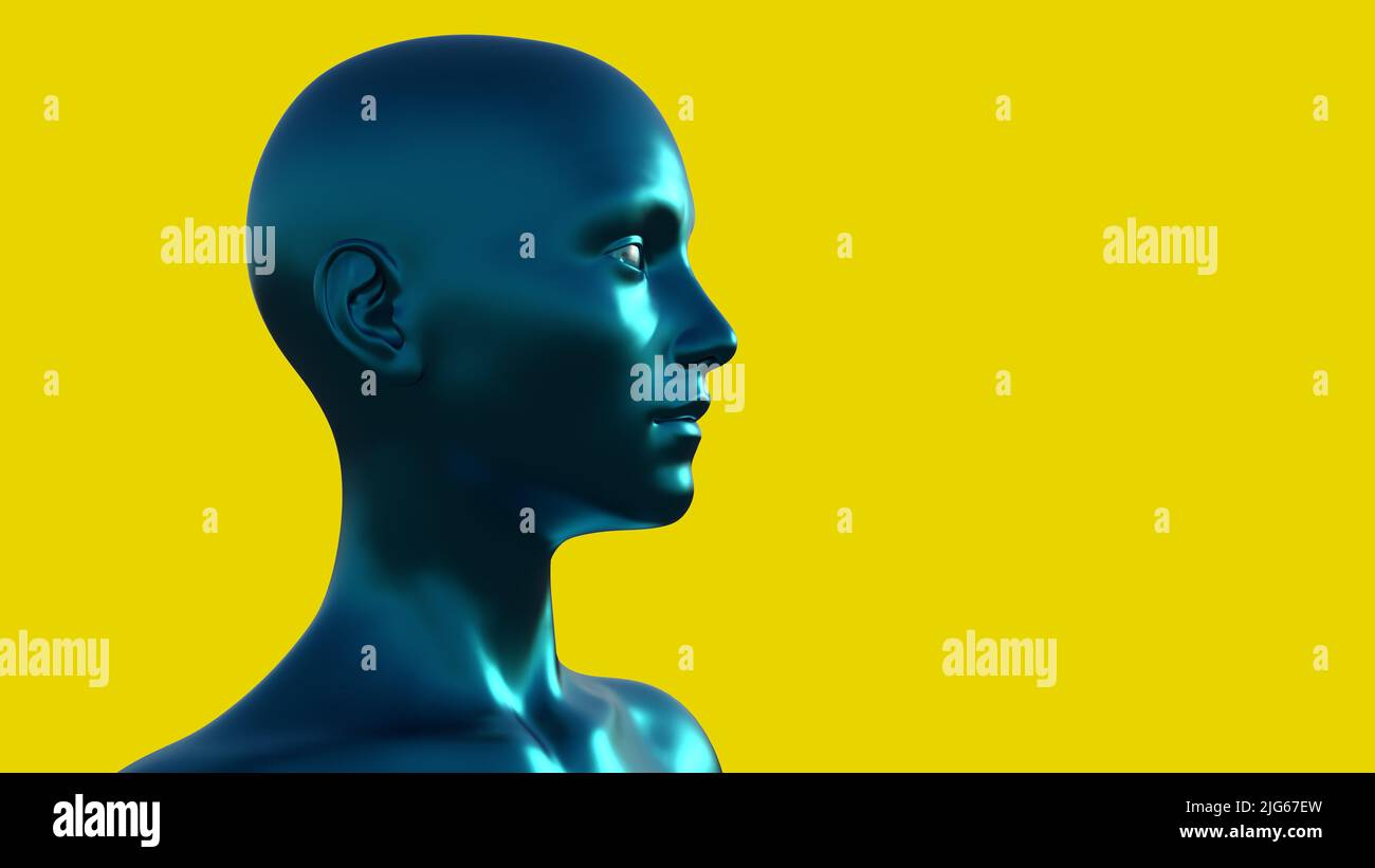 3d illustration. Portrait of a blue bald woman on an yellow background ...