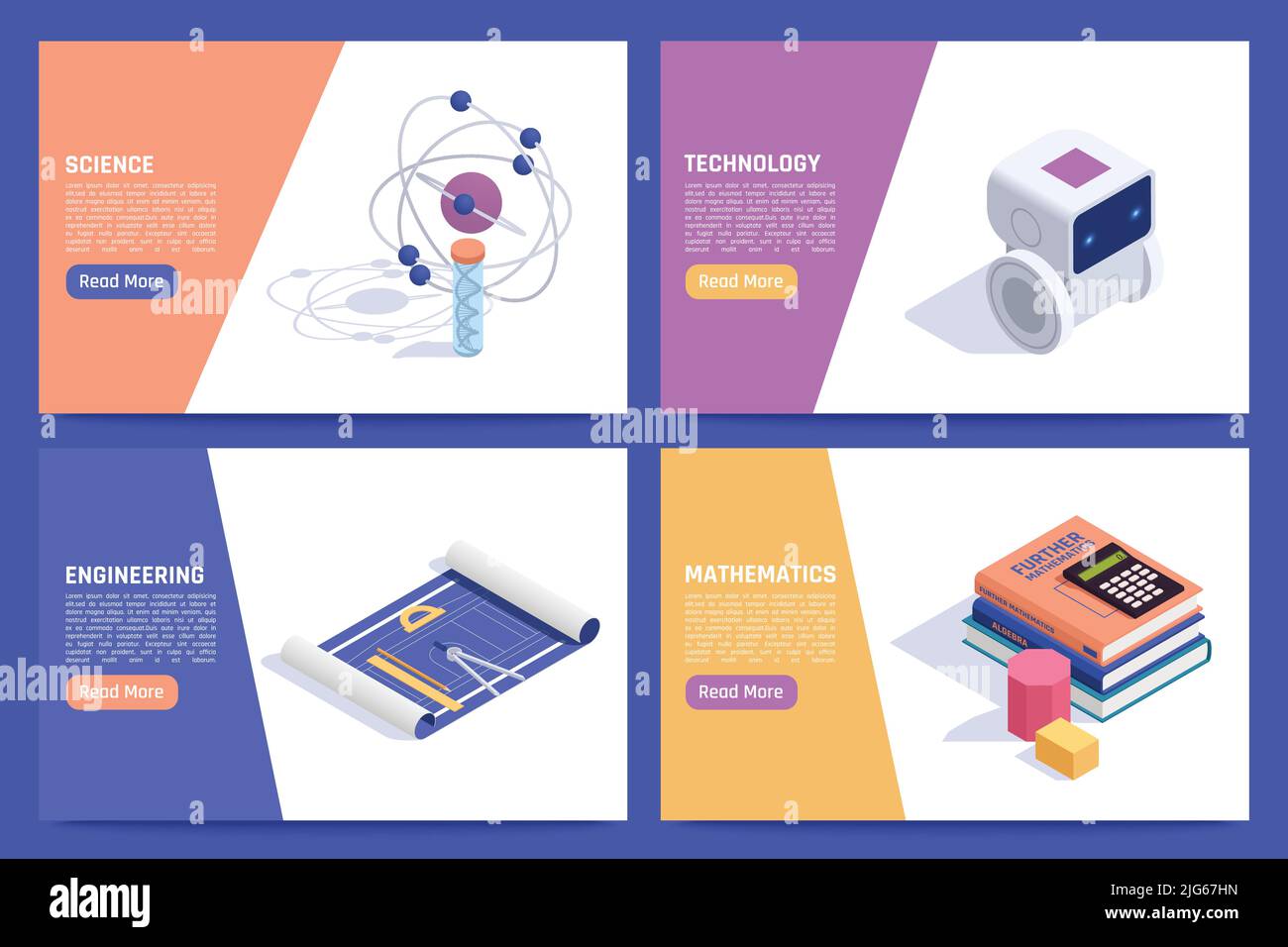 STEM education 4 website homepages isometric banners set with science technology engineering ...