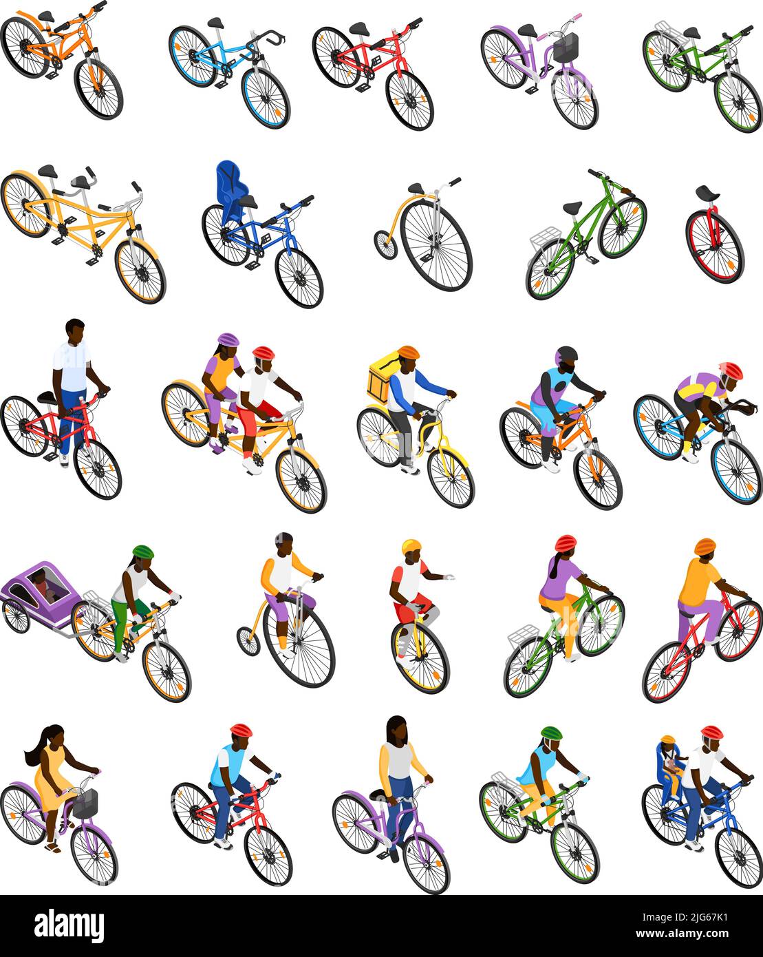 Isometric icons set with modern tandem high wheel bicycles unicycle and ...
