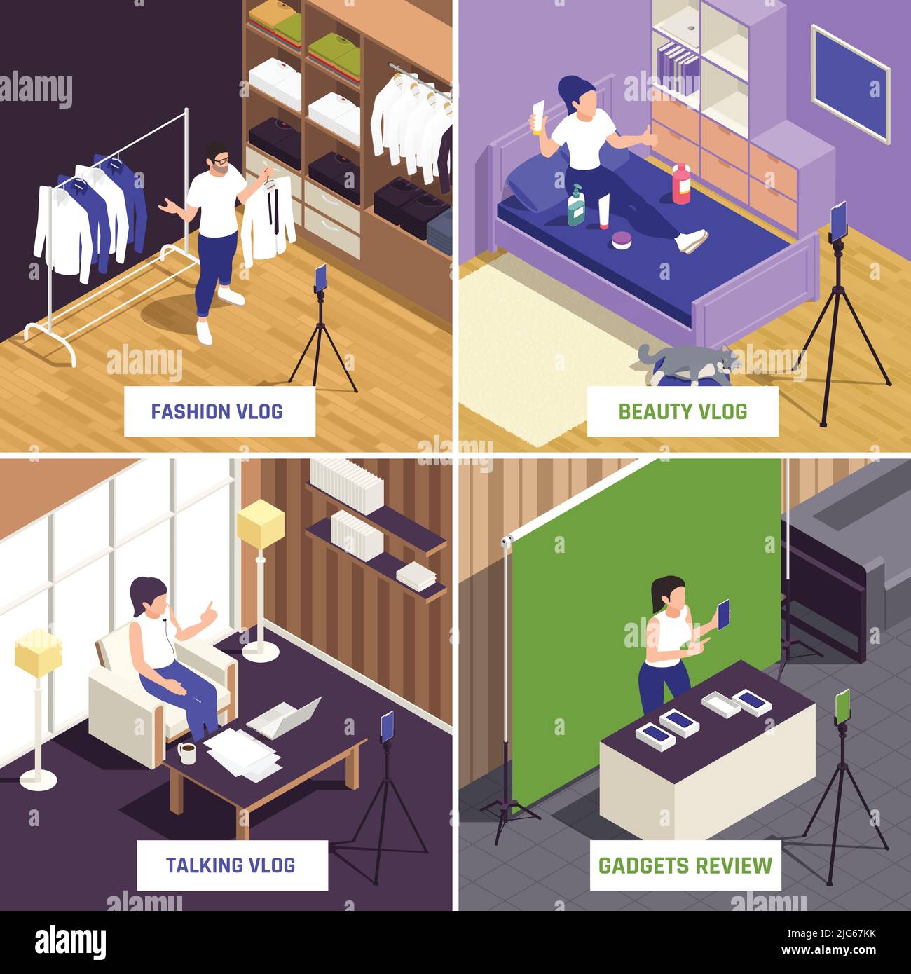 Popular video bloggers topics 4 isometric compositions with fashion ...