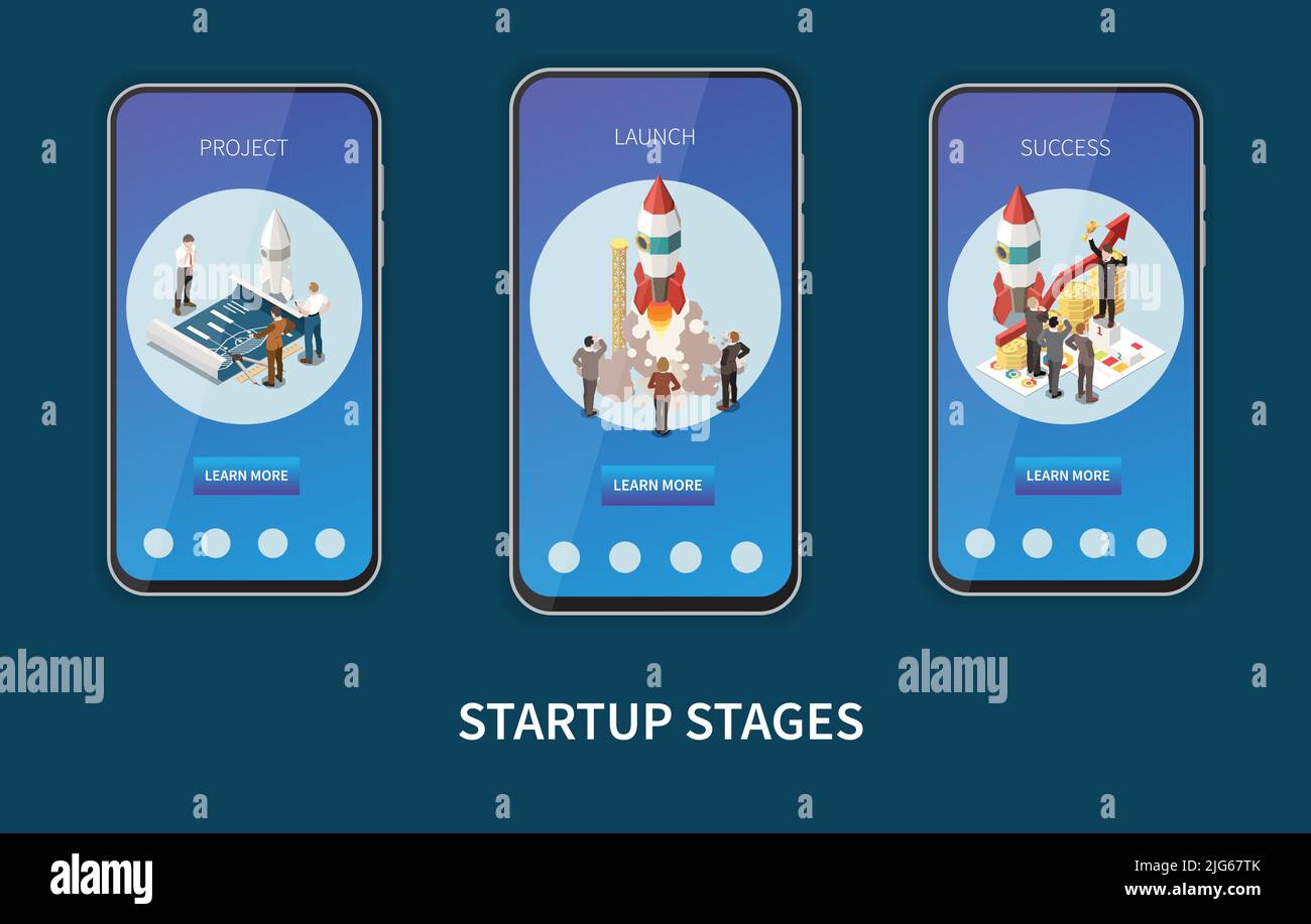 Startup project isometric concept with project launch and success ...