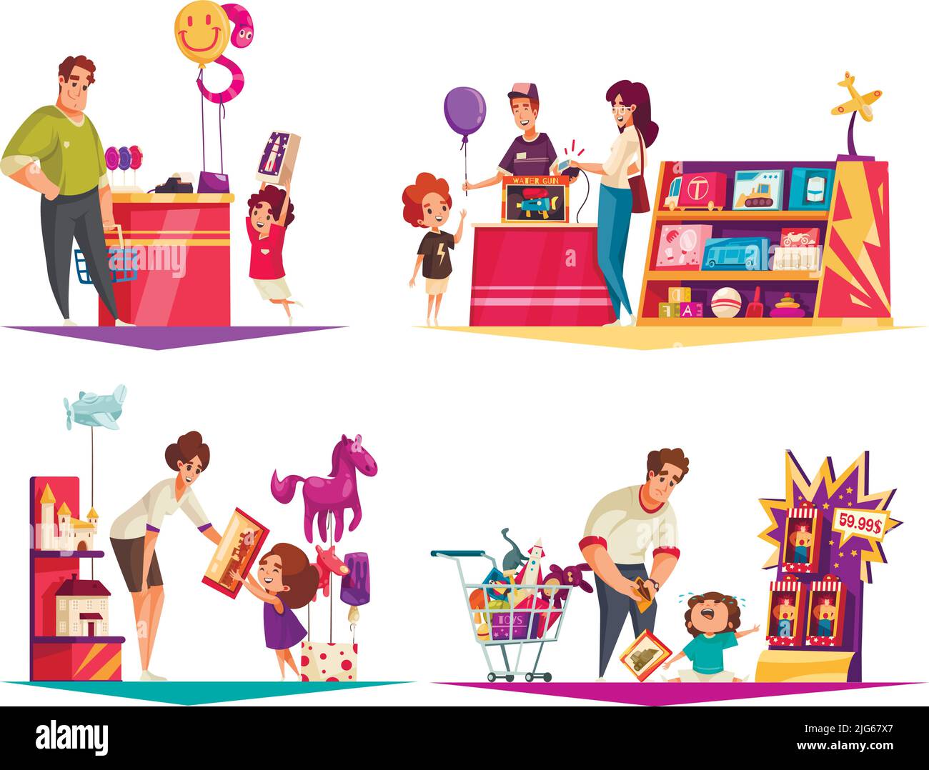 Toys shop 2x2 design concept set of adult and their children in store ...