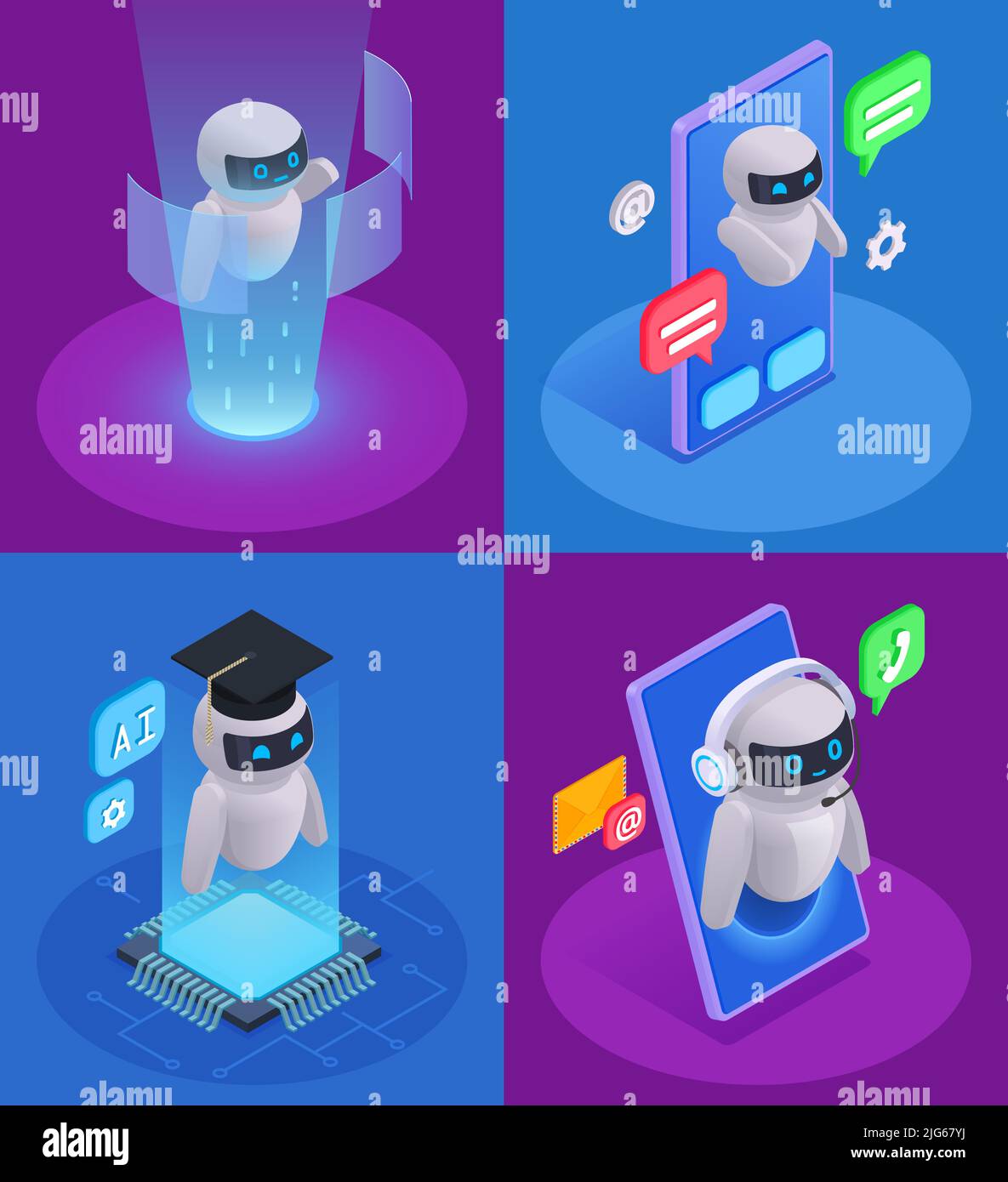 Chatbot messenger design set with technical support symbols isometric ...