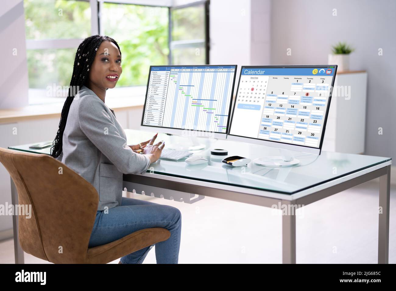 Business Woman Using Calendar Agenda Schedule On Computer Screen Stock ...