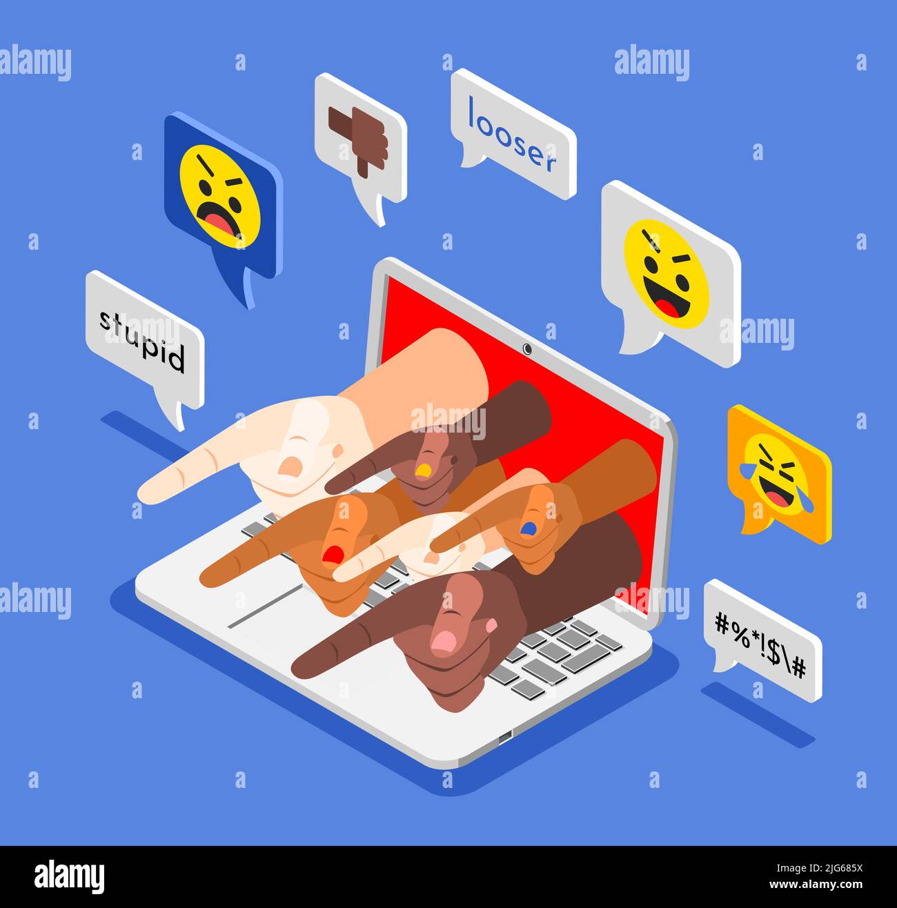 Isometric cyber bullying composition with laptop emoticons messages and ...