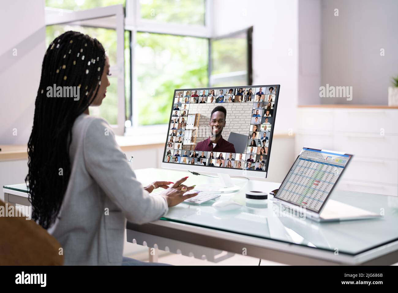 African Woman Video Conference Business Call On Computer Screen Stock ...