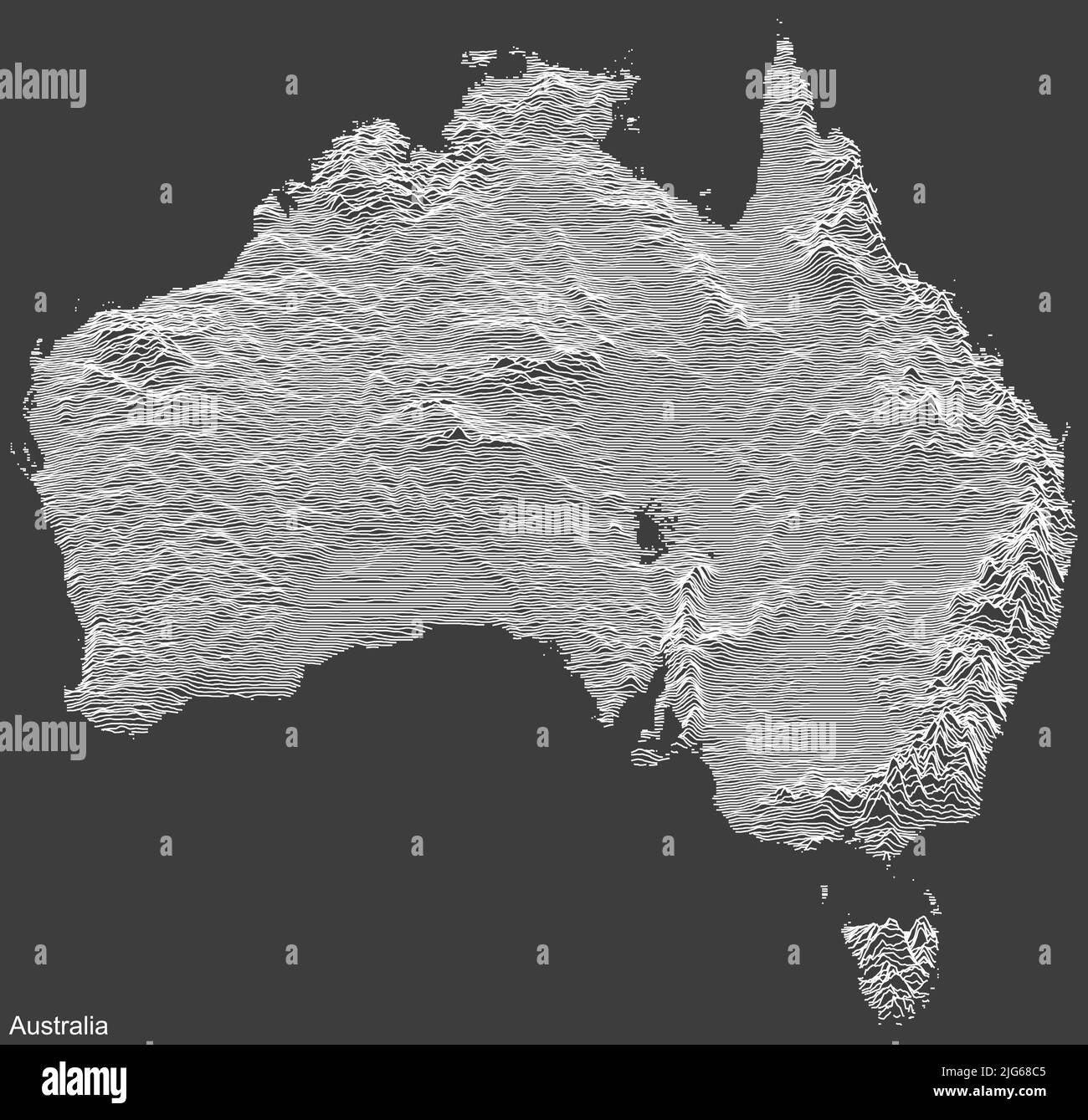 Topographic negative relief map of AUSTRALIA with white contour lines ...