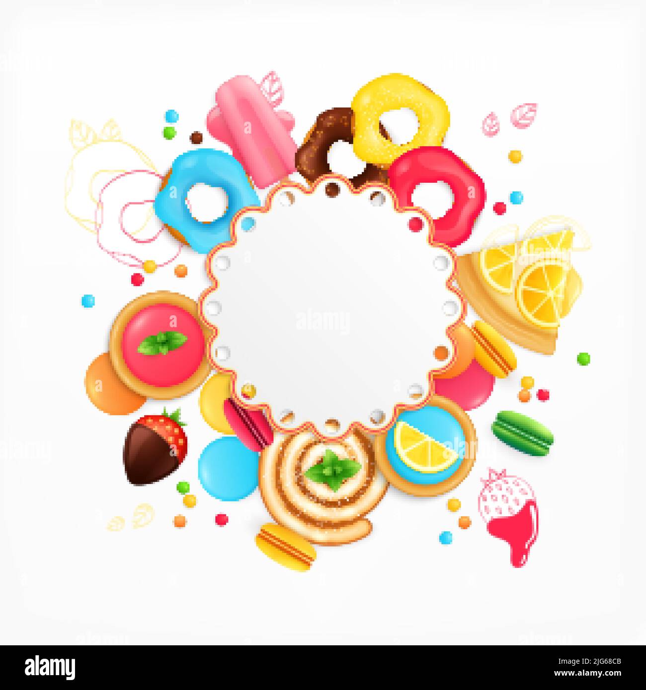 Desserts sweets cafe confectionary appetizing festive circular ...