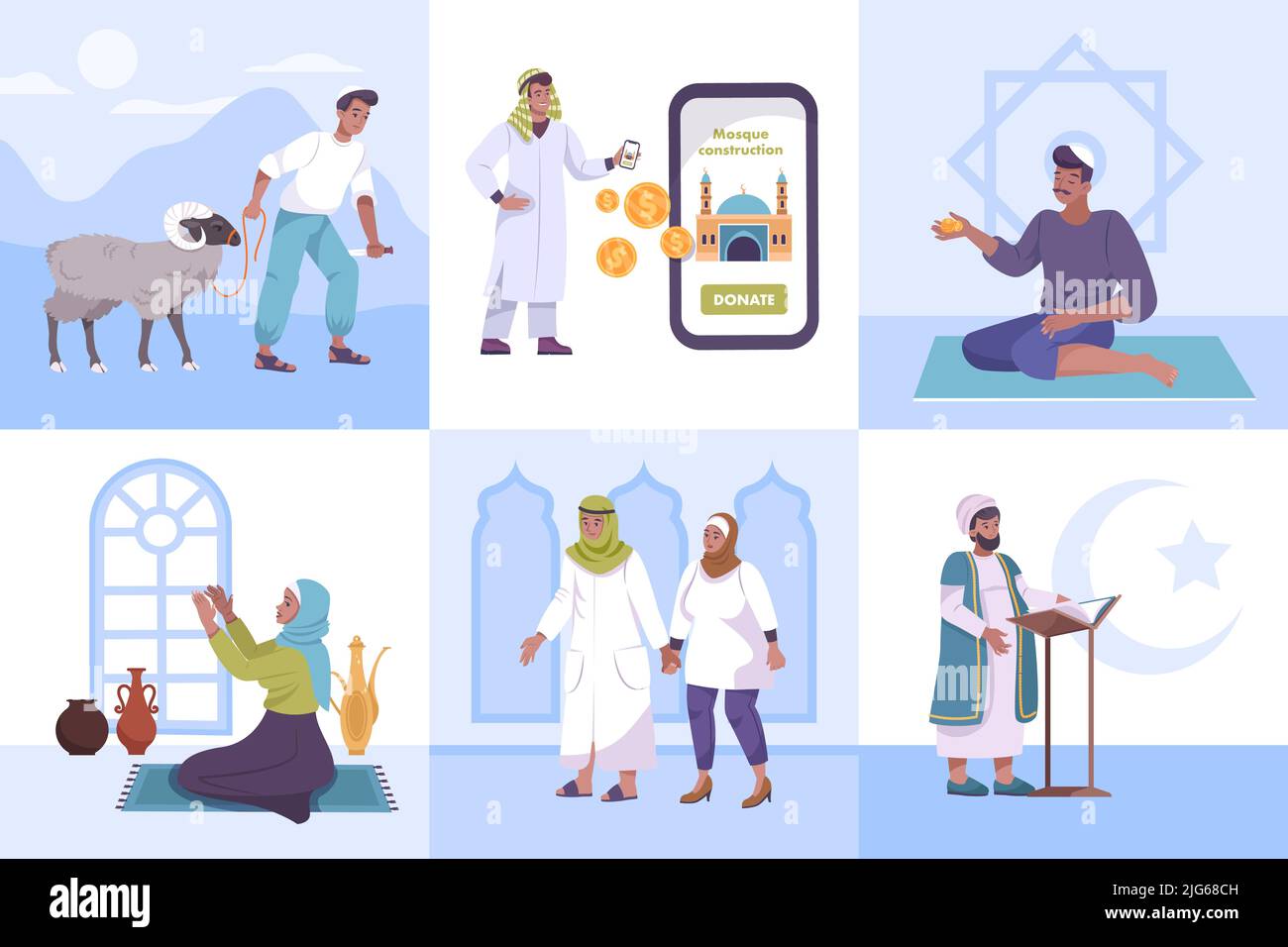 Islam set of six square compositions with flat human characters of ...