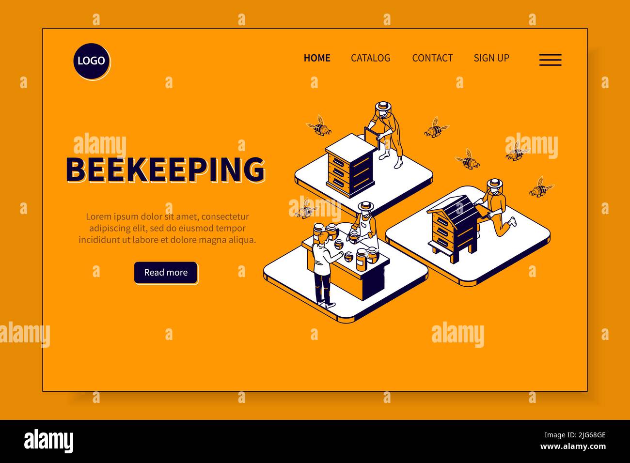 Beekeeping isometric web site page with beekeeper characters hives ...