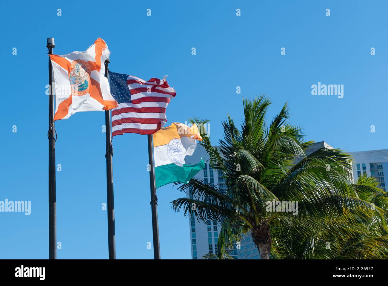 United States, Florida and Miami flags waving on flagpoles on blue sky ...