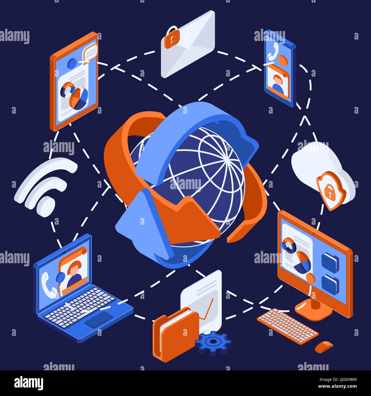 Isometric flowchart illustrated big data satellite transmission between ...