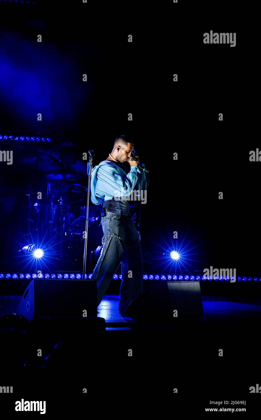 Rome, Italy. 07th July, 2022. Mahmood singing on stage during Mahmood ...