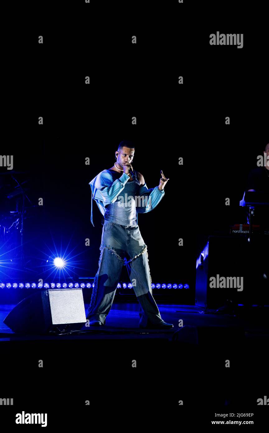 Rome, Italy. 07th July, 2022. Mahmood singing on stage during Mahmood ...