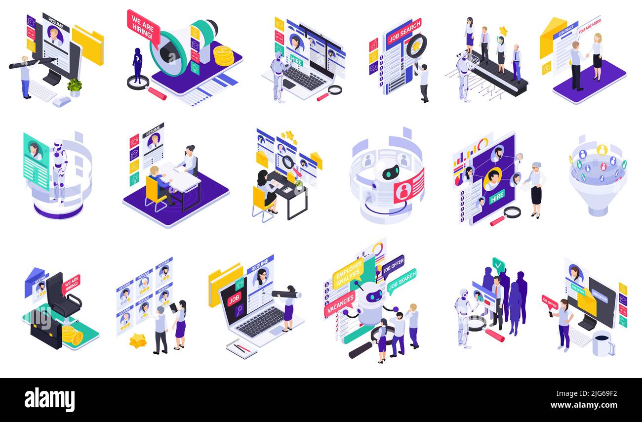 Hr recruitment hiring isometric set with isolated icons of work ...