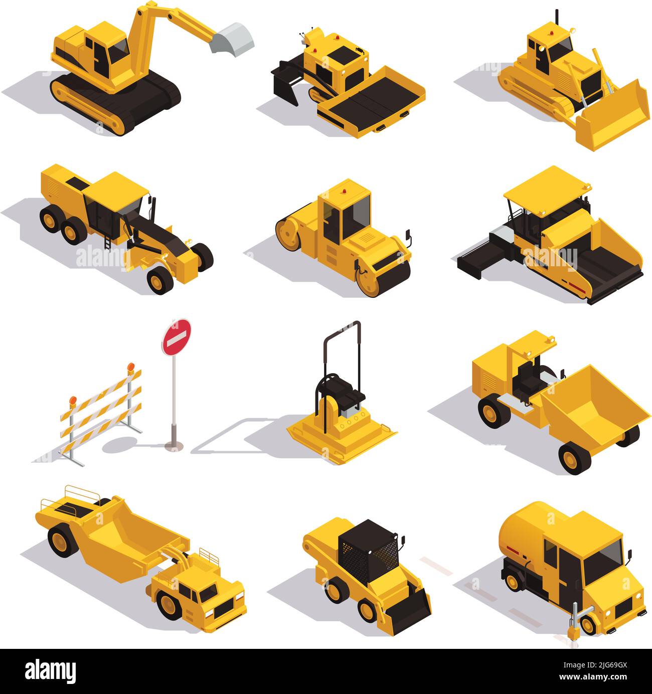 Road construction isometric set of isolated icons with images of yellow ...