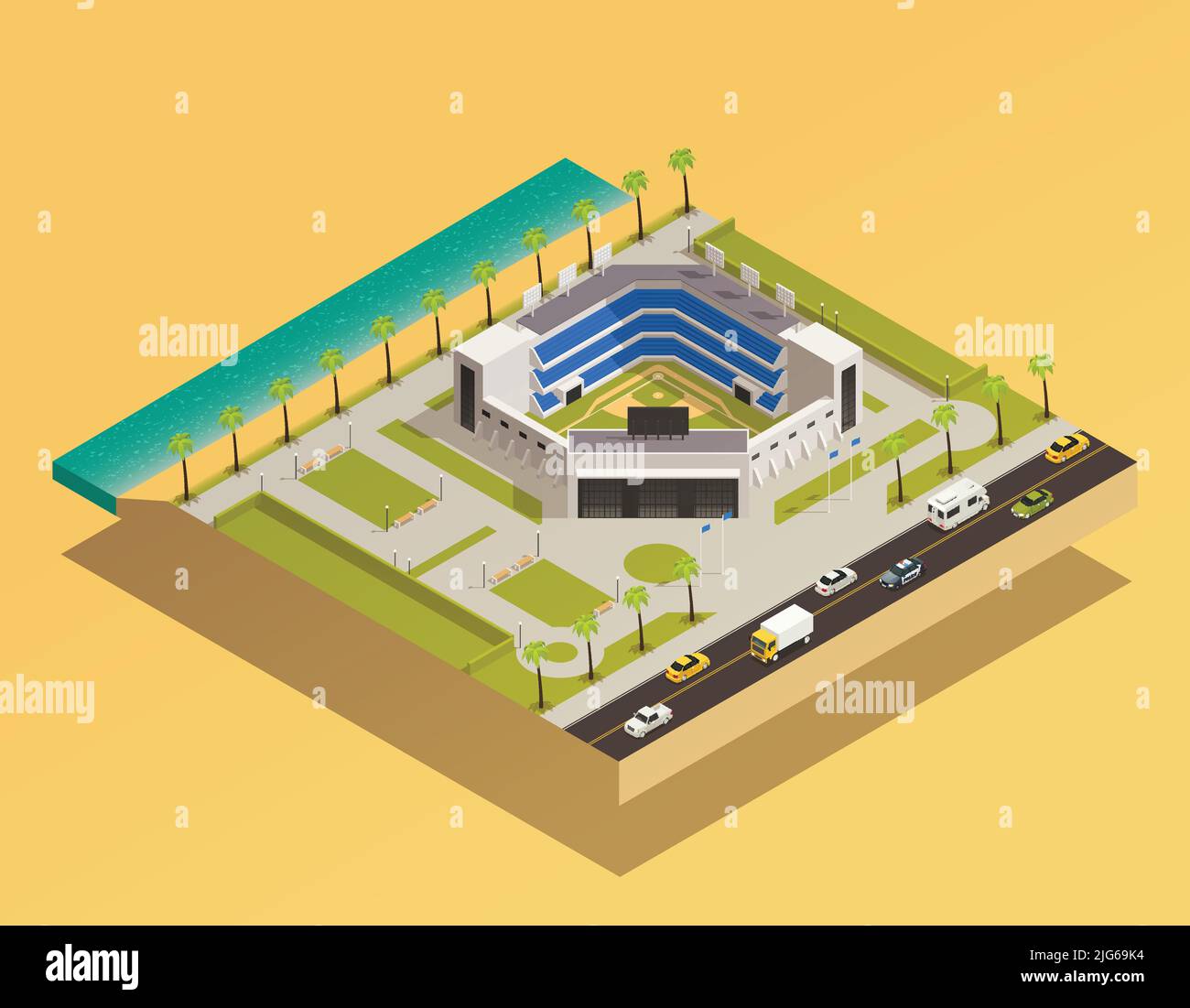Baseball isometric set with view of city block with coast motorway and ...