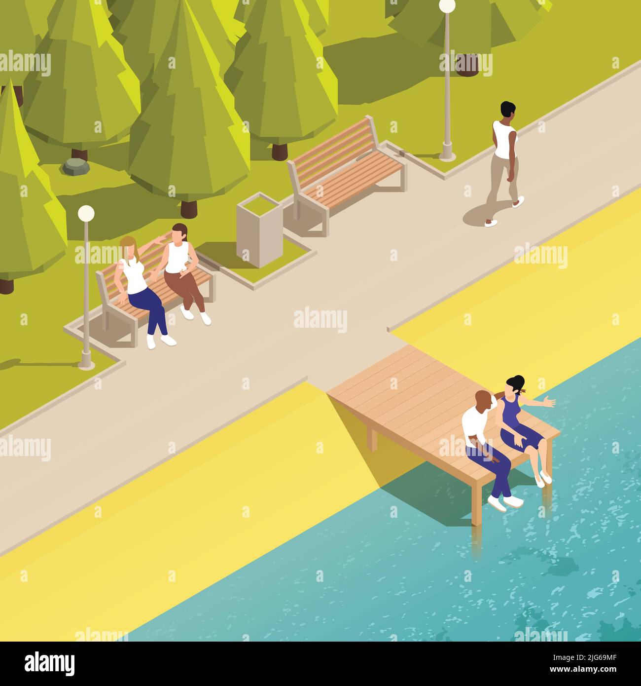 Sitting people isometric composition of urban riverwalk scenery with ...
