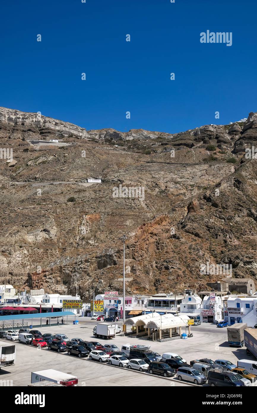 Santorini, Greece - May 14, 2021 : Panoramic view of the harbor of ...