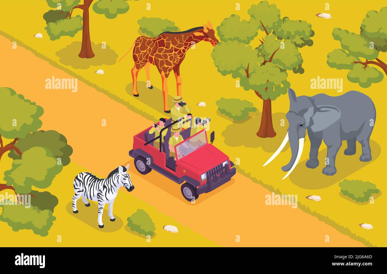 Safari isometric colored composition group of tourists is driving along ...