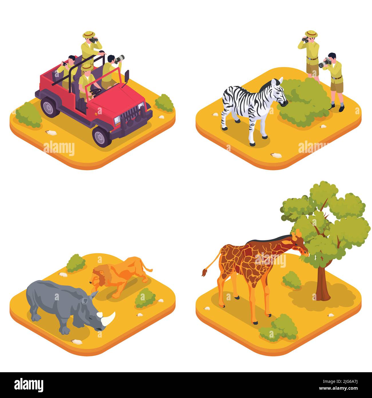 Safari colored isometric icon set isolated square compositions with ...