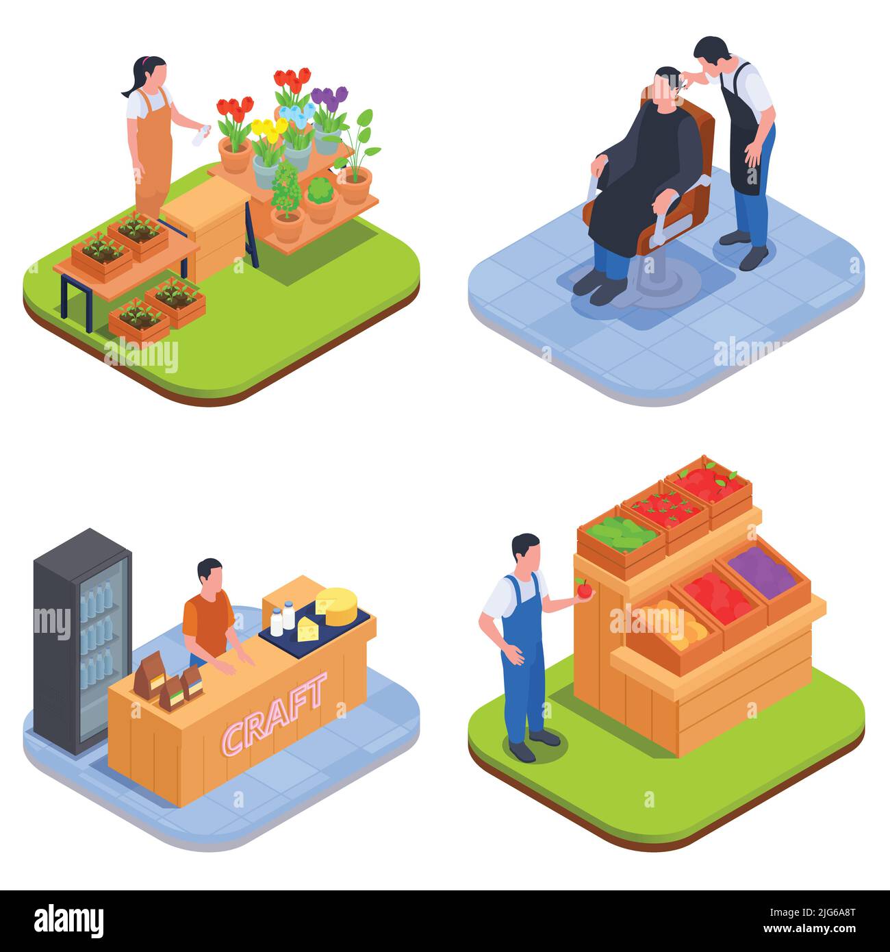 Isometric small business owner family business icon set four square ...