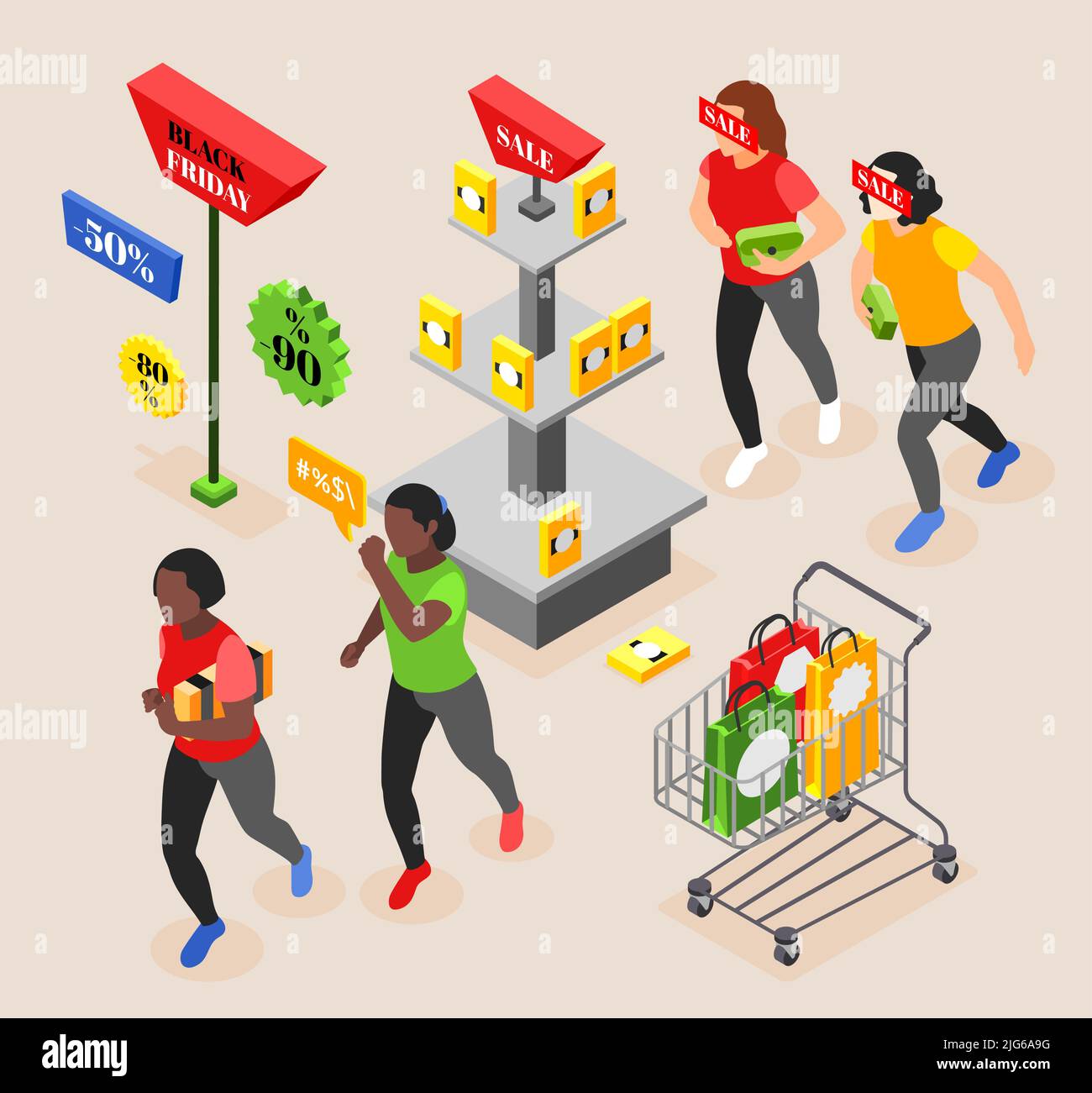 Buyers in black friday isometric background with crowd of people ...