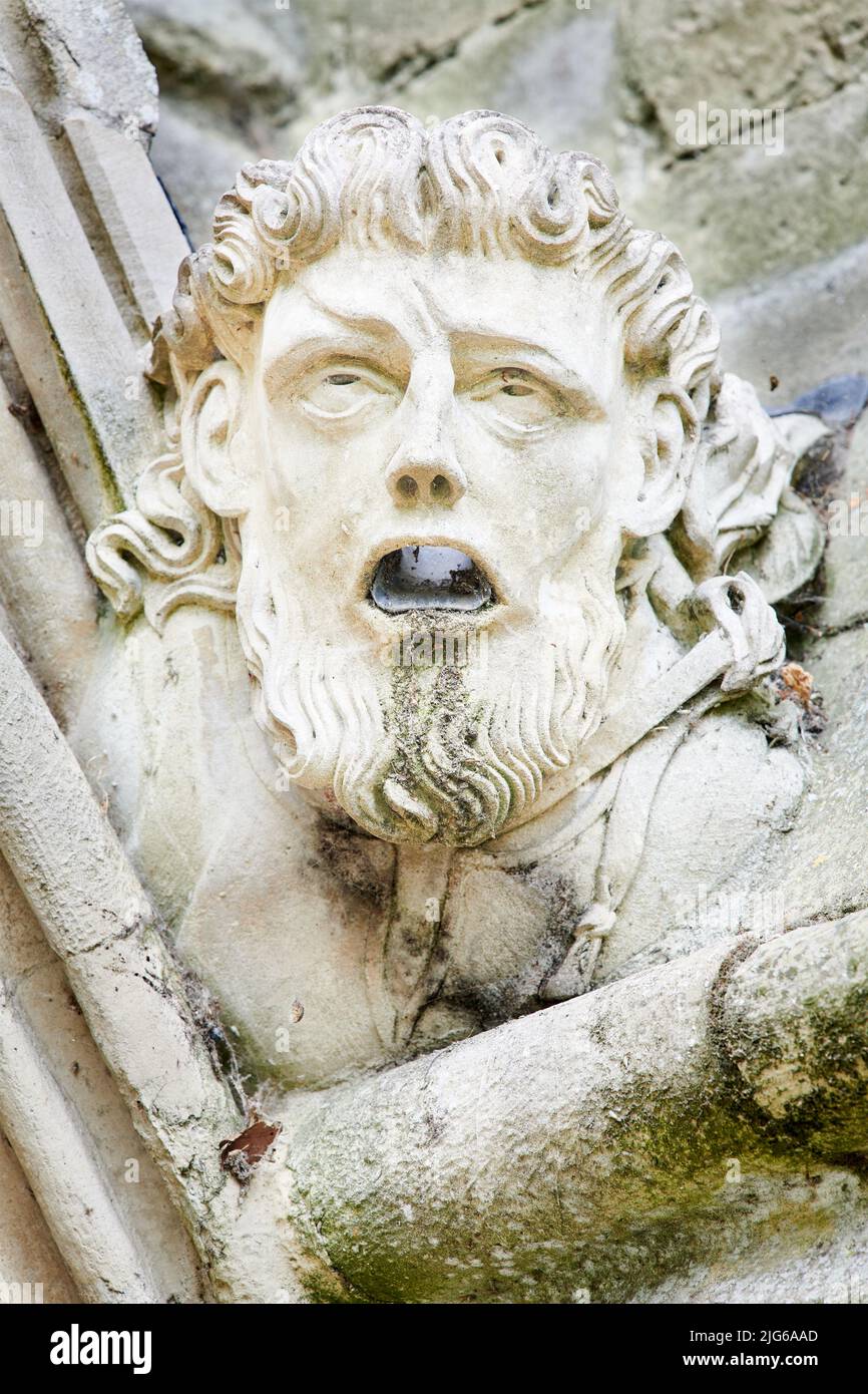 Stone carved gargoyle, a grotesque water spout head on the guttering of ...